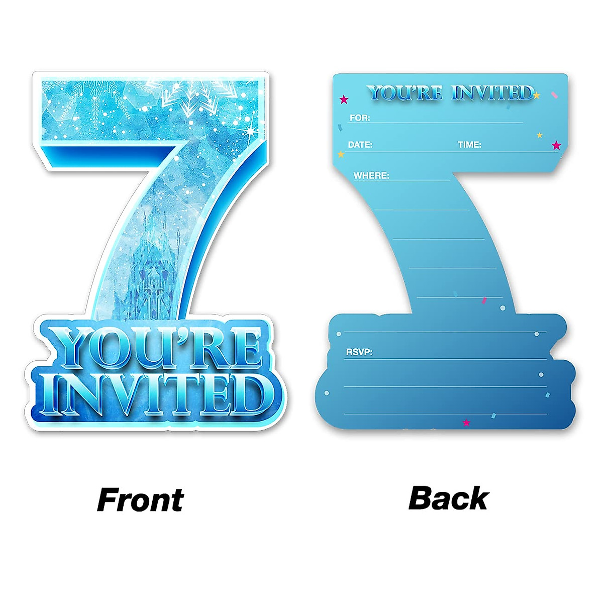 20 Ice Queen 7th Birthday Party Invitations with Envelopes Double Sided Blue Winter Snowflake Shaped Fill-in Invitations Invites for 7 Year Old