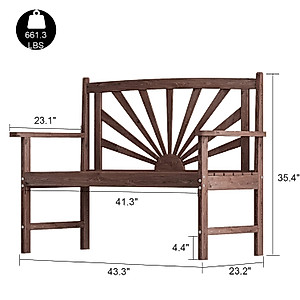 Timechee Outdoor Garden Bench, 43.3" Patio Wood Loveseat Benches, 2-Person Weather Resistance Wooden Garden Seating Furniture with Armrests & Backrest for Porch,Lawn, Brown