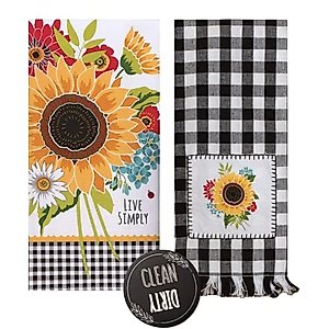 18TH STREET GIFTS Sunflower Kitchen Towels - Set of 2 Decorative Floral Buffalo Plaid Dish Towels and Dishwasher Magnet - Black and White Buffalo Plaid Decor - Buffalo Check Sunflower Decor