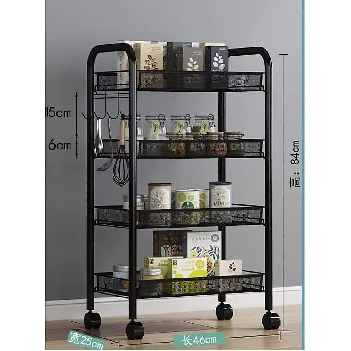 LOSTIS Storage Trolley Rolling Cart Utility Cart 4 Tier Kitchen Storage Cart with Wheels Bathroom Storage Movable Metal Trolley Rolling Cart Storage Rack Kitchen Storage Cart Rolling Storage Cart
