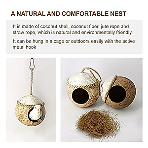 Bird House with Coconut Woven Straw, Natural Coconut Bird Cage with Woven Cover，Bird Nest for Parrot, Hamster, Squirrel, Rat, Lovebird, Finches