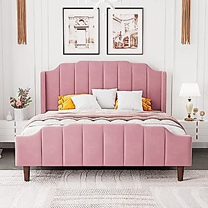 HOOMIC Queen Size Upholstered Platform Bed with Curved Velvet Wingback Headboard and Footboard,Solid Wood, No Box Spring Needed, Easy Assembly, Pink