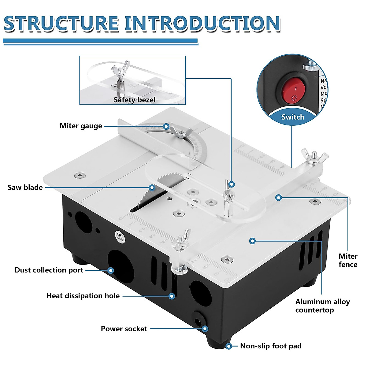 MXBAOHENG Mini Table Saw S3 Portable Precision Craft Table Saw, 1/2" Adjustable Cut Depth, Seven Speed Adjustable Power Supply, Small Hobby Table Saw for Miniature Wood Craft Cutting