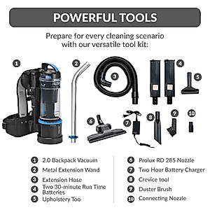 Prolux 2.0 Cordless Battery Bagless Backpack Vacuum Cleaner w/Dual HEPA Shield Filtration and Tool Accessory Kit