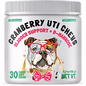 Cranberry UTI Chews for Dogs Bladder Support + D-Mannose Supports Kidney Urinary Tract and Bladder Health Natural Cranberry Wellness Supplement Immune System Booster Natural Pet Antioxidant 30 Chews