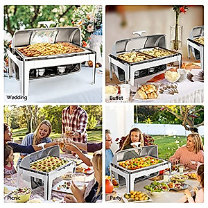 ROVSUN 9 QT Stainless Steel Chafing Dish Buffet Set with Electric & Fuel Heating,Roll Top Catering Chafer Server with Full Size & 2 Detachable Food Pans, Glass Lid for Party Wedding Banquet