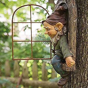 Heevir Elf Out The Door Tree Hugger - 12 Inch Outdoor Garden Ornament Gnome Statue, Garden Peeker Yard Art, Fairy Tree Sculpture Garden Decoration