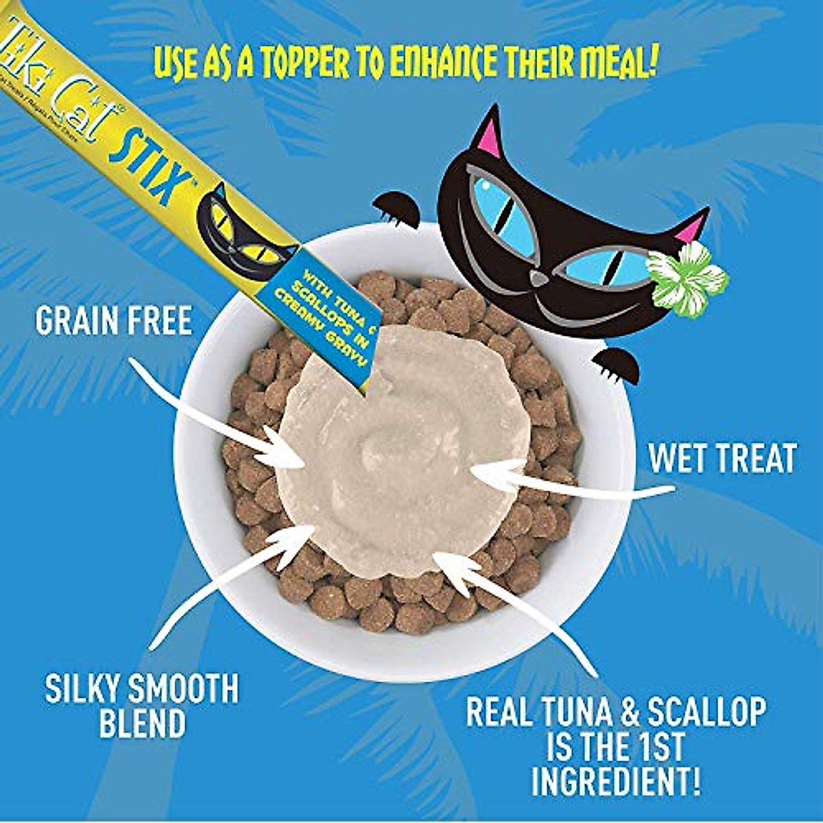 Tiki Cat Stix Wet Mousse Single-Serve Treats in 3-Flavor Bundle: 1 Tuna and Scallops, 1 Duck and 1 Chicken and Shrimp (3 Packs Total, 6 Stix per Pack, 18 Stix Total) Plus Shaynanigans Silicone Lid