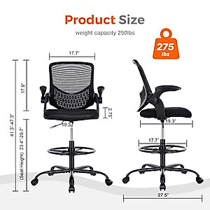 Drafting Chair, Standing Desk Chair, Tall Office Chair, Counter Height Office Chairs, Ergonomic Computer Task Chair, Adjustable Mesh Office Chair with Flip-up Armrests and Foot-Ring, Black