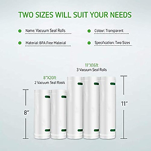 VIVOSUN Vacuum Sealer Rolls (3 Rolls 11”x16’ and 2 Rolls 8”x20’) for Food Saver, Seal a Meal, Commercial Grade Rolls for Sous Vide, BPA Free
