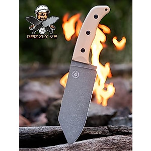 Off-Grid Knives - Grizzly V2 Camp Kitchen Chef Knife with Sandvik 14C28N Stainless Steel, Kydex Sheath and Belt Clip, G10 Scales, Lanyard Opening, Camping, BBQ & Home Kitchen Use (Coyote)