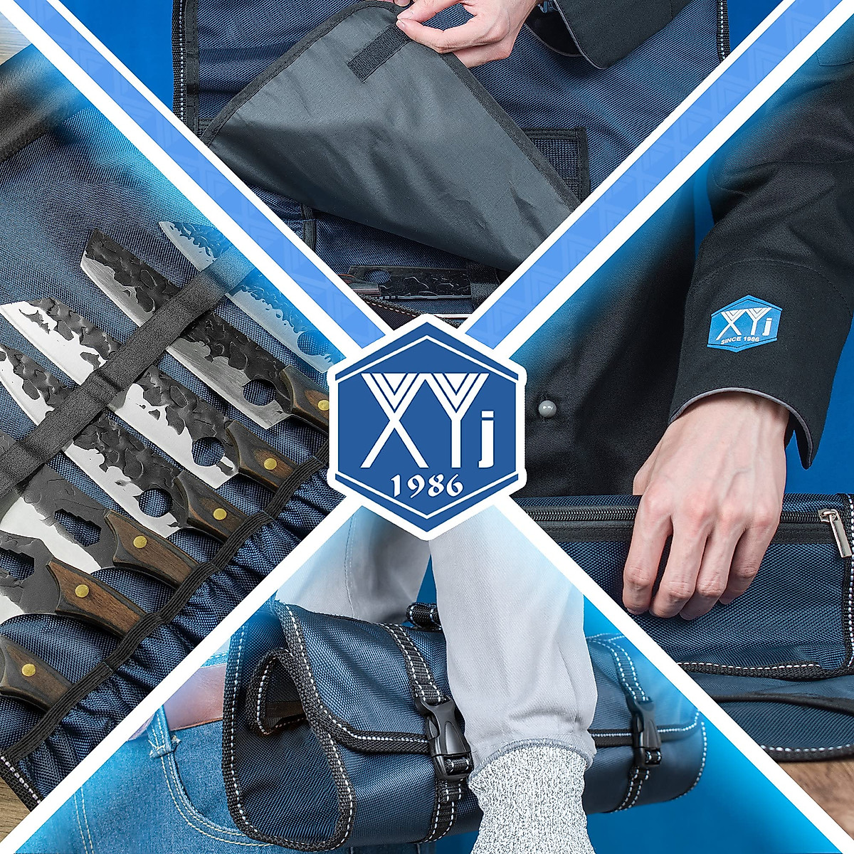 Authentic XYJ Since 1986,Chef Knife Bag With Shoulder Strap,8 Slots Roll Bag,Travel Camping Storage Carry Case,Oxford Cloth Portable Pockets Bag Holds Kitchen Knives Tools Set (XYJ Blue)