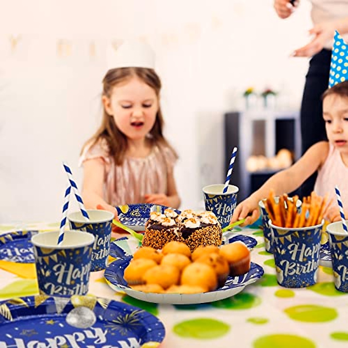 VYTSYD Blue Birthday Party Decorations Packs, 120 Pcs Blue and Gold Foil Dots Happy Birthday Party Supplies for Men Boys | Navy Blue Plates and Napkins Cups Straws Cutlery Set, Serve 24