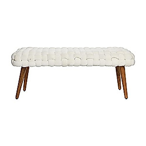Main + Mesa Boho Chunky Woven Velvet Entryway Bench with Wood Legs, Cream and Natural