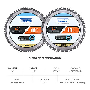 Luckyway 2-Pack 10 Inch Miter/Table Saw Blades 32T&60T with 5/8 Inch Arbor TCT Circular Saw Blade for Cutting Wood