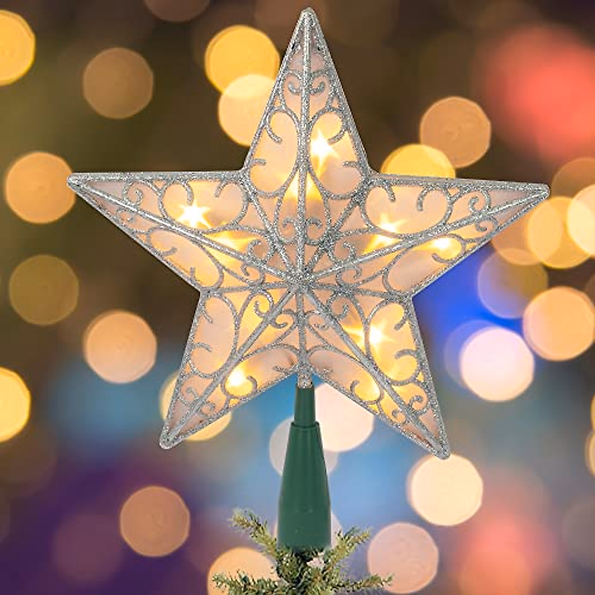 Funpeny 11 Inch Glitter Silver Star Tree Topper, Lighted Christmas Treetop with 10 Lights Christmas Decorations for Christmas Xmas Tree Home Bar Shop Office (Silver)