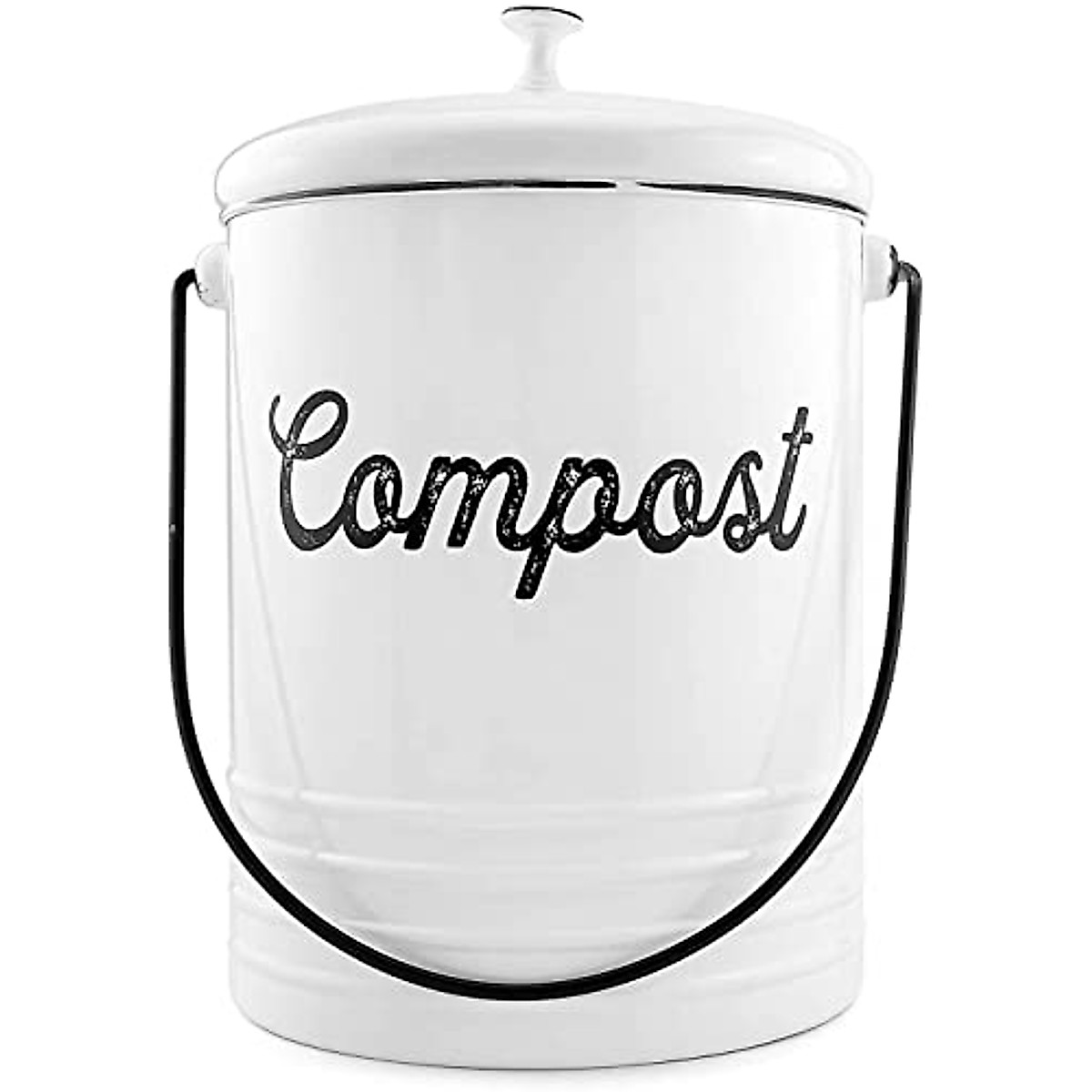 AuldHome White Enamelware Compost Bin, Farmhouse Compost Can Set with Lid and Charcoal Filters, 1.3 Gallon