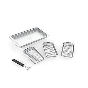 Yukon Glory BBQ 'N SERVE Grill Basket Set - Includes 3 Grilling Baskets a Serving Tray & Clip-on Handle - Patent Grill to Table Design Perfect For Grilling Fish Veggies & Meats