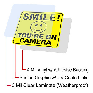 6 Pack Smile You're On Camera Sign, 6" x 6" Video Surveillance Signs, Self Adhesive Vinyl Decal UV Protected & Weatherproof Home Security Stickers, Indoor and Outdoor Use Yellow, Black