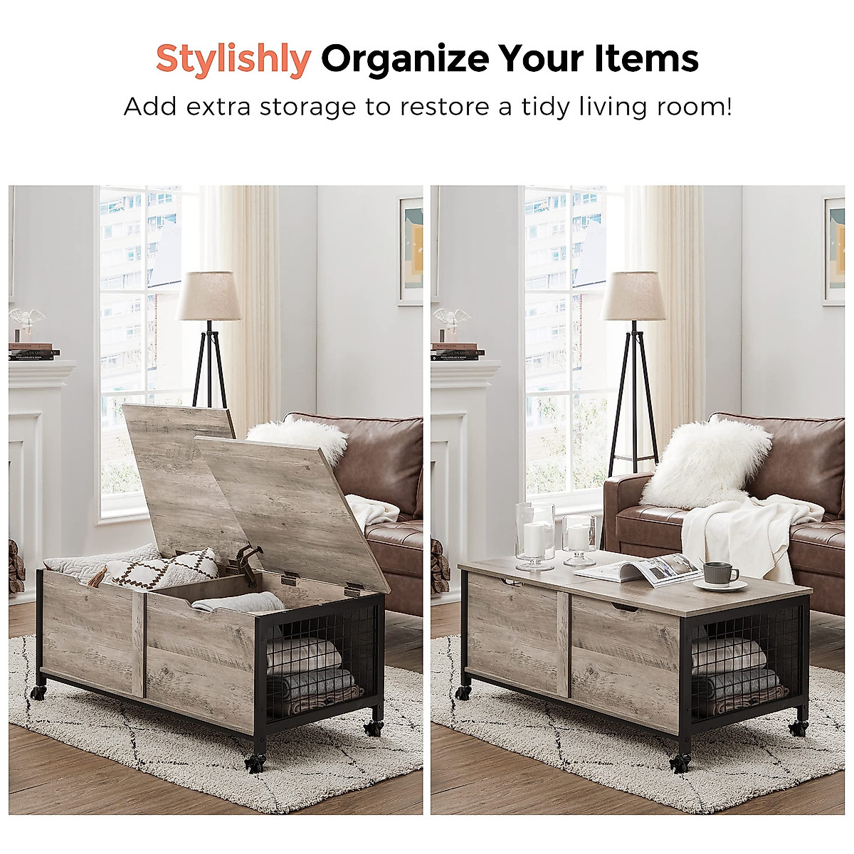 VASAGLE Coffee Table, Living Room Table with Flip Tops, 2 Hidden Compartments and Casters, Storage Cabinet, for Living Room, Bedroom, Industrial, 39.4 x 21.7 x 17.7 Inches, Greige and Black ULCT231B02