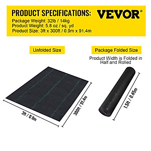 VEVOR Weed Fabric Barrier Heavy Duty, 3x300 FT, 5.8oz Weed Blocker Fabric, Woven Landscape Fabric, Garden Fabric Weed Barrier, Weed Control Fabric Ground Cover, Geotextile Fabric, Gardening Mat, Black