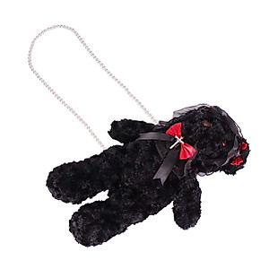 KESYOO Plush Satchel Bag Gothic Style Bear Shoulder Bag Pearl Chain Decor Lolita Cosplay Purse Black