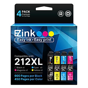 E-Z Ink (TM Remanufactured Ink Cartridge Replacement for Epson 212XL T212XL 212 XL T212 to use with XP-4100 XP-4105 WF-2830 WF-2850 Printer (1 Black, 1 Cyan, 1 Magenta, 1 Yellow, 4 Pack)