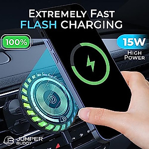 JUMPER BUDDY for MagSafe Magnetic Phone Mount Wireless Charger | Music Reactive Lights - Car Cell Phone Holder | Car Mount Universal Air Vent Clip Car Charger for iPhone 15/14/13/12, 360° Rotation