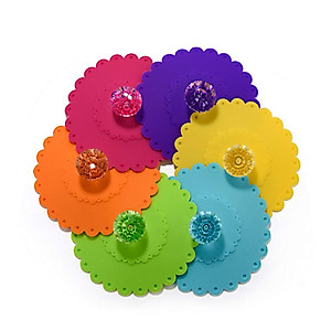 QUUPY 8PCS 10.5CM/4.1 in Sealed and Leak-proof Silicone Glass Cup Cover Cute Flowers Shape Coffee Anti-dust Beverages Lids with PVC Transparent Diamond (Color Random)