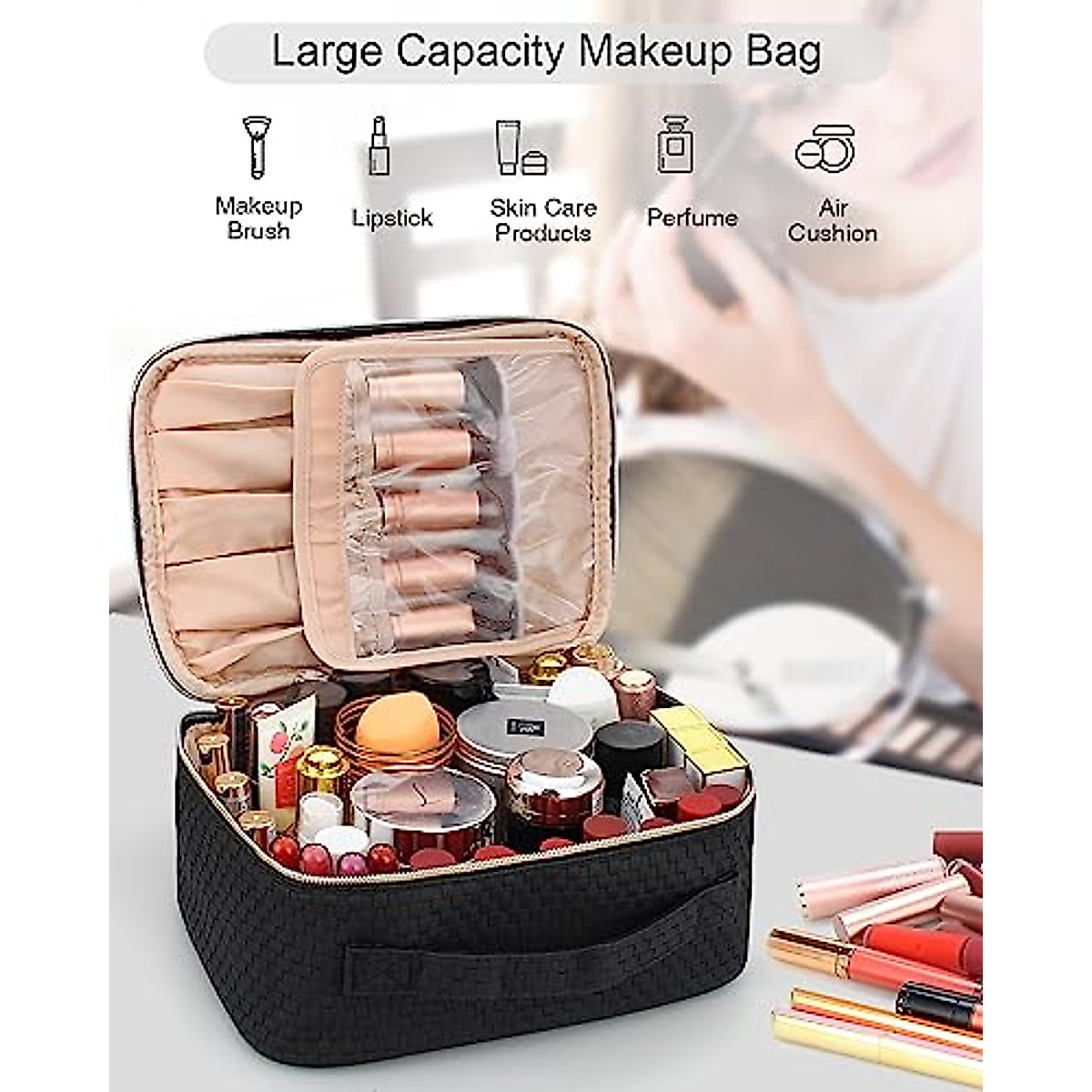 Relavel Travel Makeup Bag, Large Cosmetic Organizer Case Travel Toiletry Storage Train Case for Women and Girls, with Brush Compartment and Easy to Clean Lining, Black