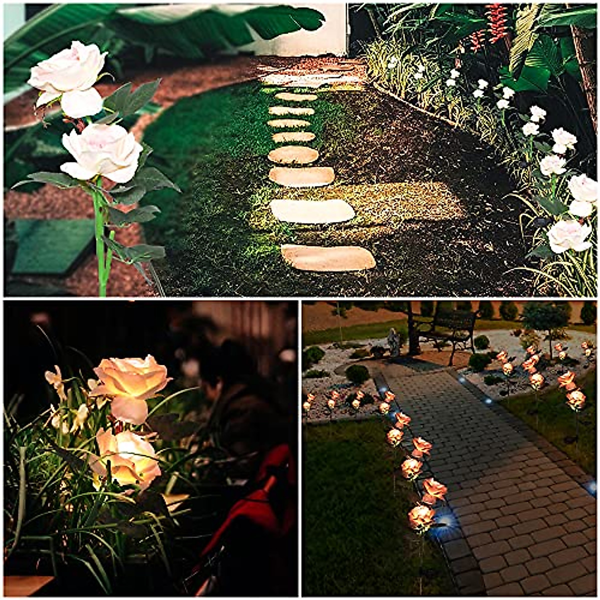 MIKK Solar Garden Stake Flower Lights, 2pack Outdoor Decorative Floral Lights, LED Artificial Waterproof Yard In-Ground Lights Lights for Garden Lawn Patio Backyard.（Pink Rose）