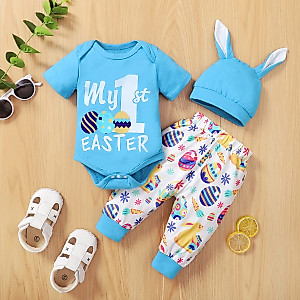 Truly One Baby Boy My First Easter Outfit Boy Easter Eggs Clothes Infant Easter Outfit (Blue,6-12 Months)