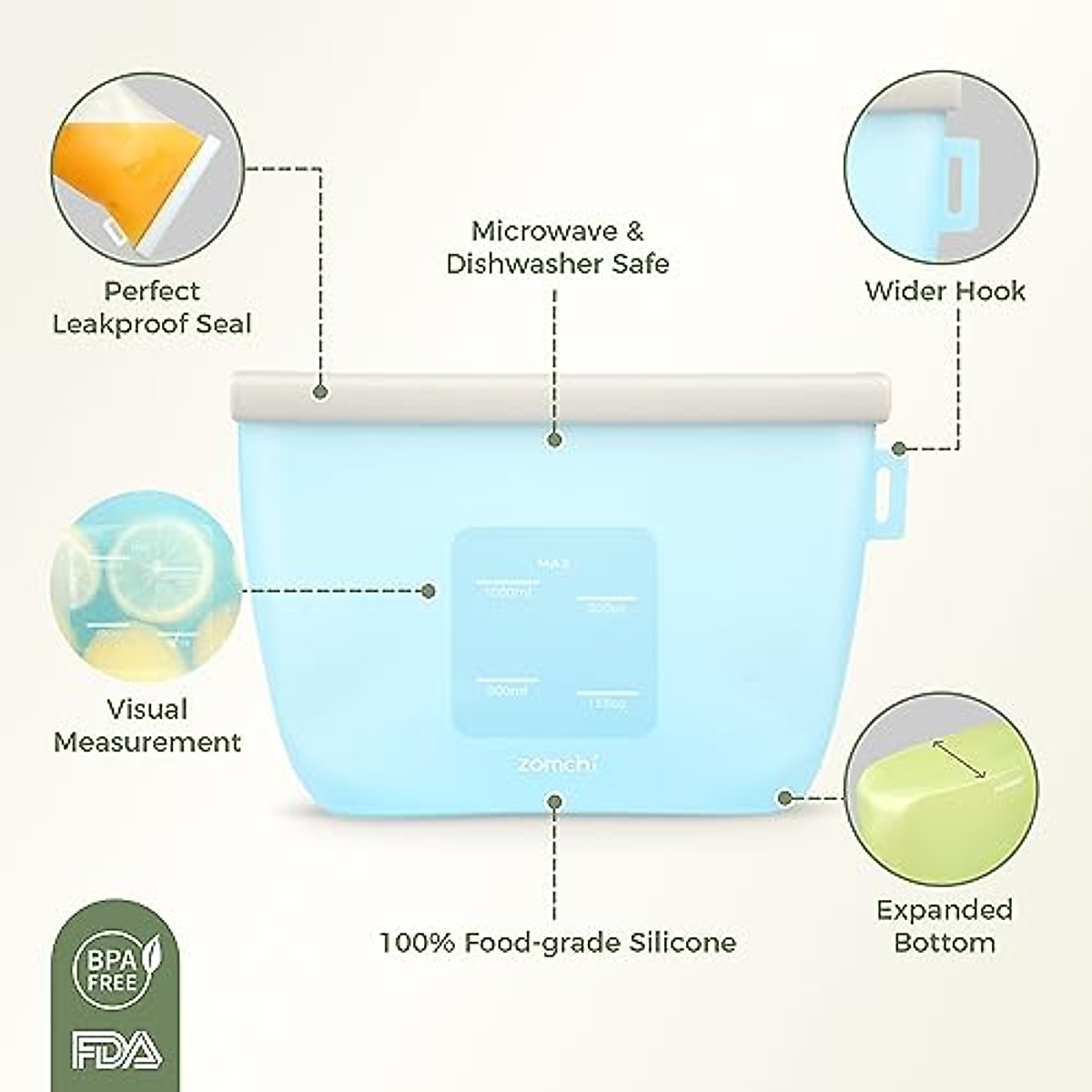 ZOMCHI Silicone Reusable Food Storage Bags, Leakproof Reusable Sandwich Containers, Snack Bags, Microwave Dishwasher Oven Freezer Safe, Food Grade Storage Bag for Meal Prep,Cereal,Fruit, 3 Pack, 33.82oz