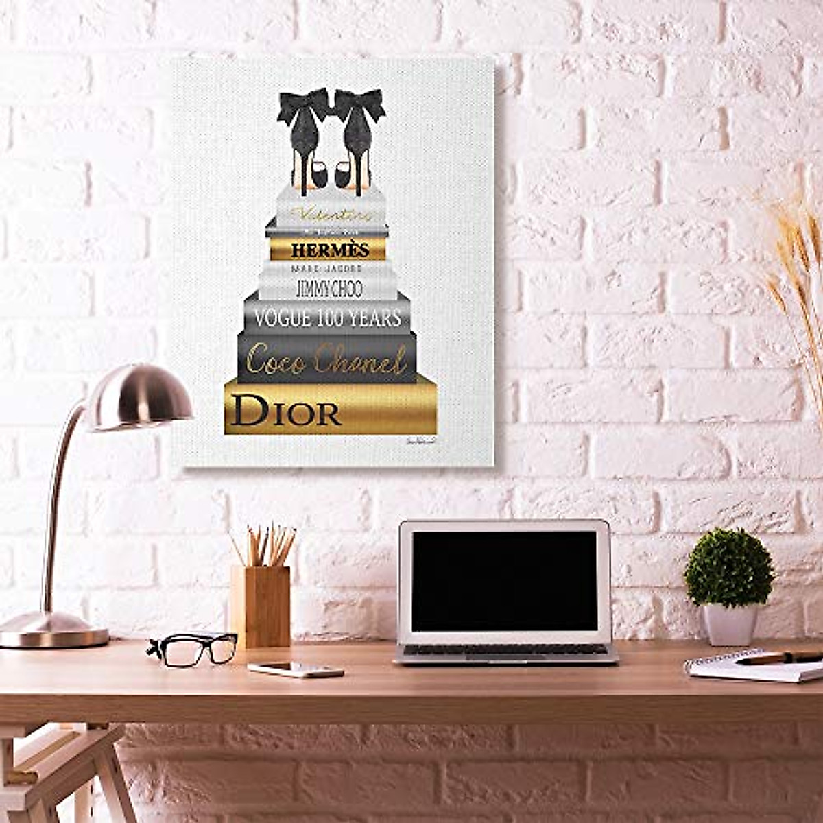 Stupell Industries Fashioner Shoes Bookstack Black Gold Watercolor, Design by Artist Amanda Greenwood Wall Art, 36 x 48, Canvas