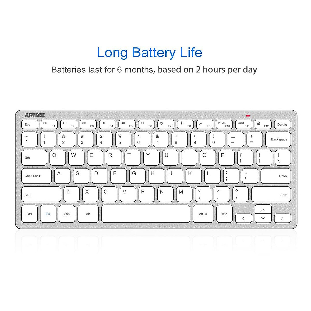 Arteck 2.4G Wireless Keyboard Ultra Slim and Compact Keyboard with Media Hotkeys for Computer Desktop PC Laptop Surface Smart TV and Windows 11/10/8/7, Silver