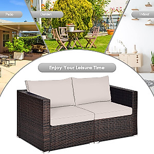 HAPPYGRILL 2 Pieces Patio Sofa Set Rattan Wicker Corner Sofa Set with Zippered Cushions for Backyard Balcony Porch Garden Poolside
