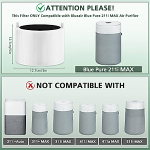 2 Pack 211i Max Replacement Fil-ter Compatible with BLUEAIR Blue Pure 211i Max Air Pur-ifier, Ture H13 HEPA & Activated Carbon Replacement Fi-lter, Compared part #F2MAX