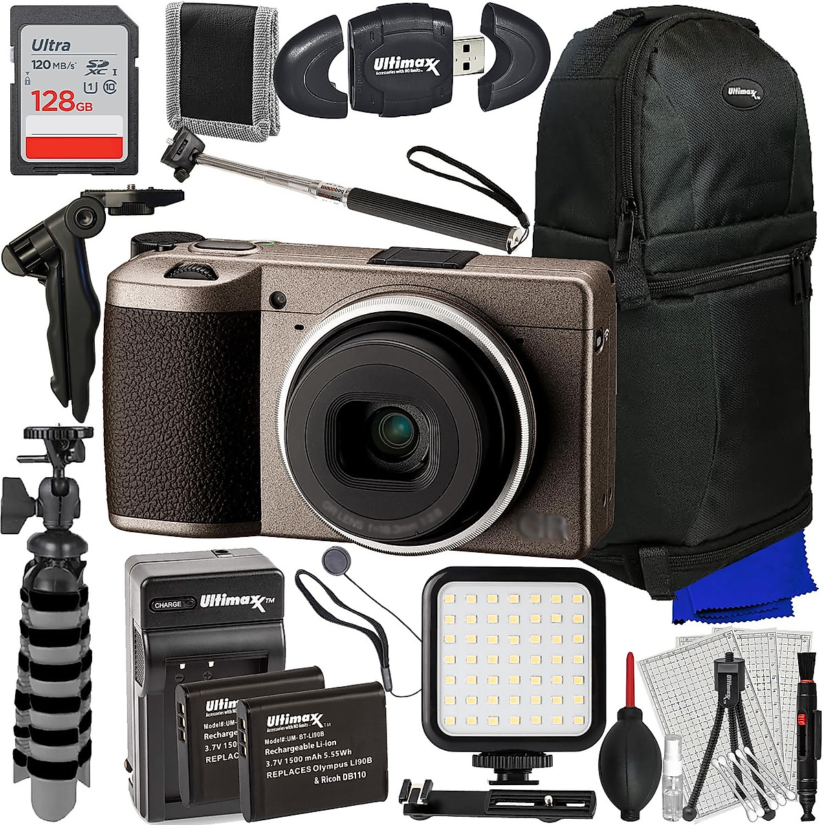 Ultimaxx Advanced Ricoh GR III Digital Camera Bundle (Diary Edition) - Includes: 128GB Ultra Memory Card, 2X Spare Batteries, Selfie Stick, Water-Resistant Camera Backpack & Much More (23pc Bundle)