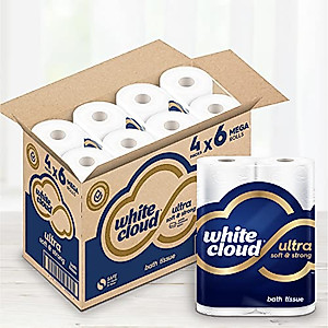 White Cloud Ultra Soft & Strong Toilet Paper, 4 packs of 6 Mega Rolls = 96 Regular Rolls