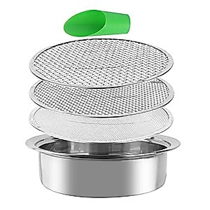 Dirt Garden Sieve Soil Sifter - Stainless Stackable Sifting Pan Soil Sand Sieve,9.5in Sifting Pan Contain 3 Sieve Mesh Filter Sizes (0.043",0.133",0.204") with Bonsai Soil Scoops,Garden Shovels 1PACK