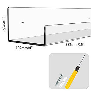 SUMAIDA Floating Shelf, Clear Acrylic Shelf 15" Invisible Floating Shelves Wall Mounted, 4" Wide Wall Ledge Kid Bookshelf, Clear Vinyl Record Shelf, Acrylic Album Record Holder Display Rack (2)