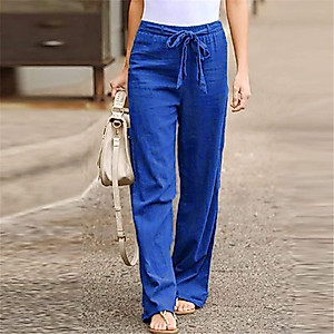 DASAYO Womens Casual Loose Long Pants Linen Sashes Straight Solid Trousers Plus Size Soft Trendy Pant Sweatpants Yoga Tights