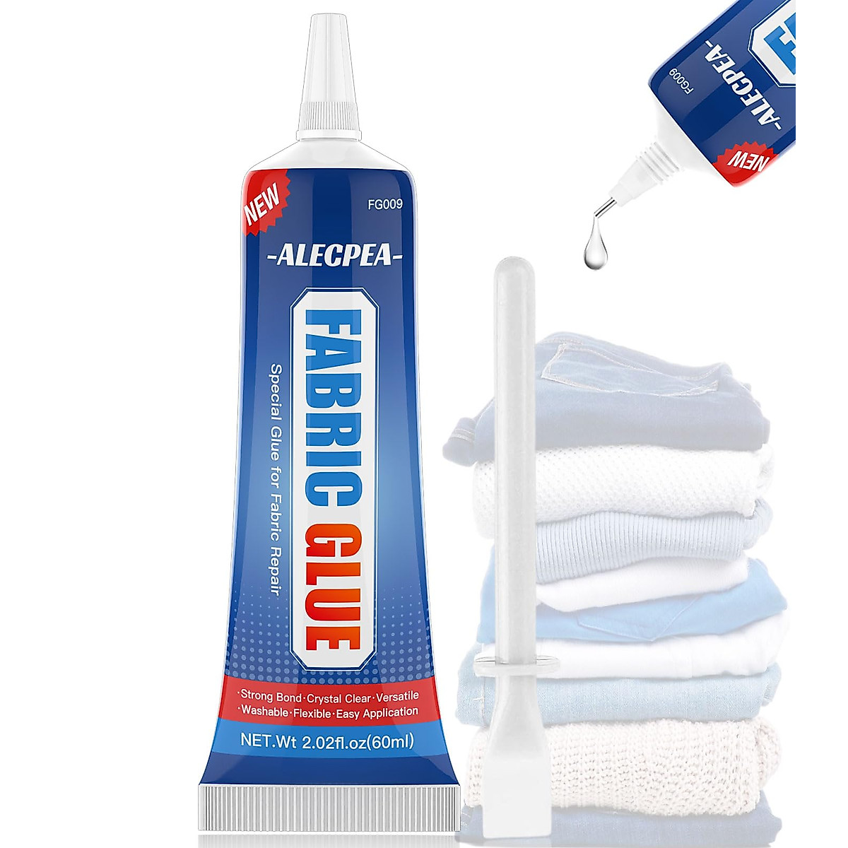 60ML Fabric Glue, Strong Fabric and Leather Adhesive, Waterproof Fabric Glue Permanent Clear Washable for All Fabrics, No Sew Solution, Washer/Dryer Safe