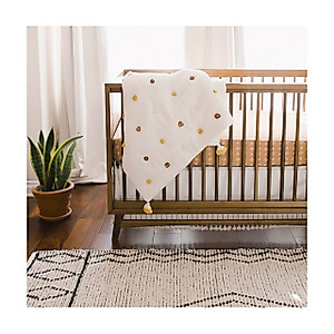 Crane Baby Blanket, Soft Cotton Pom Pom Nursery and Toddler Blanket for Boys and Girls, Cream, 36” x 36”