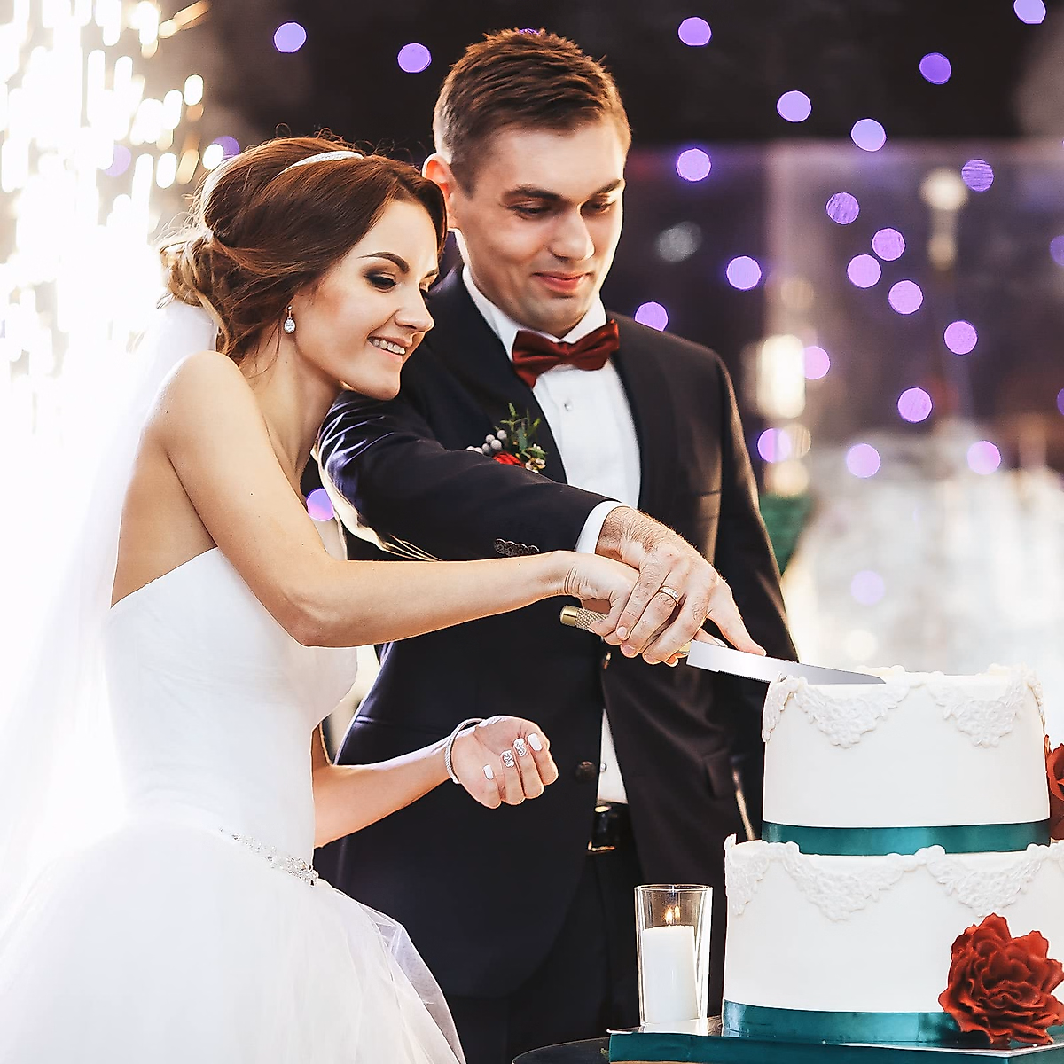 Boao 4 Piece Wedding Toasting Flutes and Cake Server Set Wedding Reception Supplies Champagne Glasses Cake Knife Pie Server (Gold)