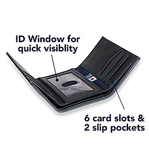 Nautica Men's Pop Color Trifold Leather Wallet with 6 slots, RFID Protection, Black/Grey