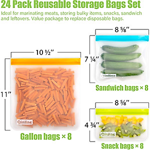 Qinline Reusable Food Storage Bags - 24 Pack BPA FREE Flat Freezer Bags(8 Reusable Gallon Bags + 8 Leakproof Reusable Sandwich Bags + 8 Food Grade Kids Snack Bags)