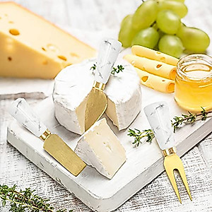 Golden Cheese Knife Set 6 Piece, Marble Handle Butter Spatula Knives, Cheese Spreader Cutter with Ergonomic Ceramic Handle, Cheese Shaver and Fork for Birthday, Wedding, Party (White)