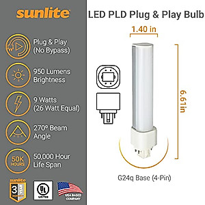 Sunlite 88271-SU LED Horizontal PLD Light Bulb 9 Watts (26W Equivalent), 1050 Lumens, G24q Base 4 Pin, Ballast Dependant, CFL Replacement, UL Listed, 1 Pack, 30K - Warm White