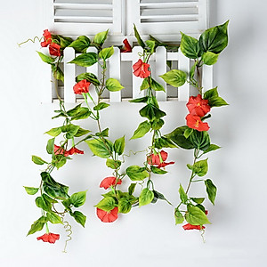 WINOMO Artificial Vines 2pcs Morning Glory Hanging Green Plants Silk Garland Home Garden Wall Fence Stairway Outdoor Wedding Hanging Baskets Decor (Red)